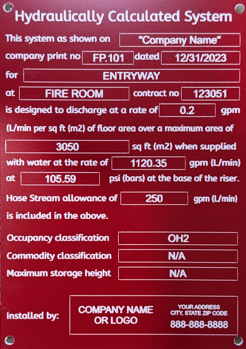 Fire Hydraulic Calculation Plate (4x6) – Northwest Mill