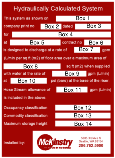 Fire Hydraulic Calculation Plate – Northwest Mill